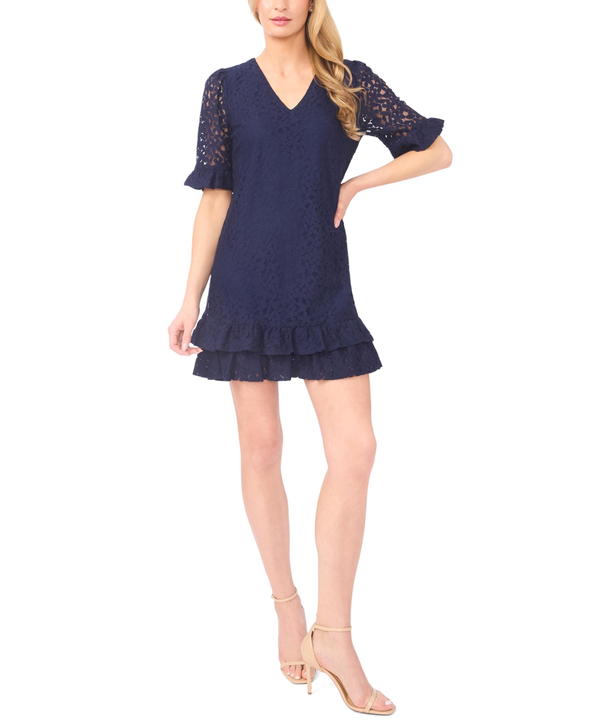 CeCe Womens Lace Detail V-Neck Shift Dress - Classic Navy