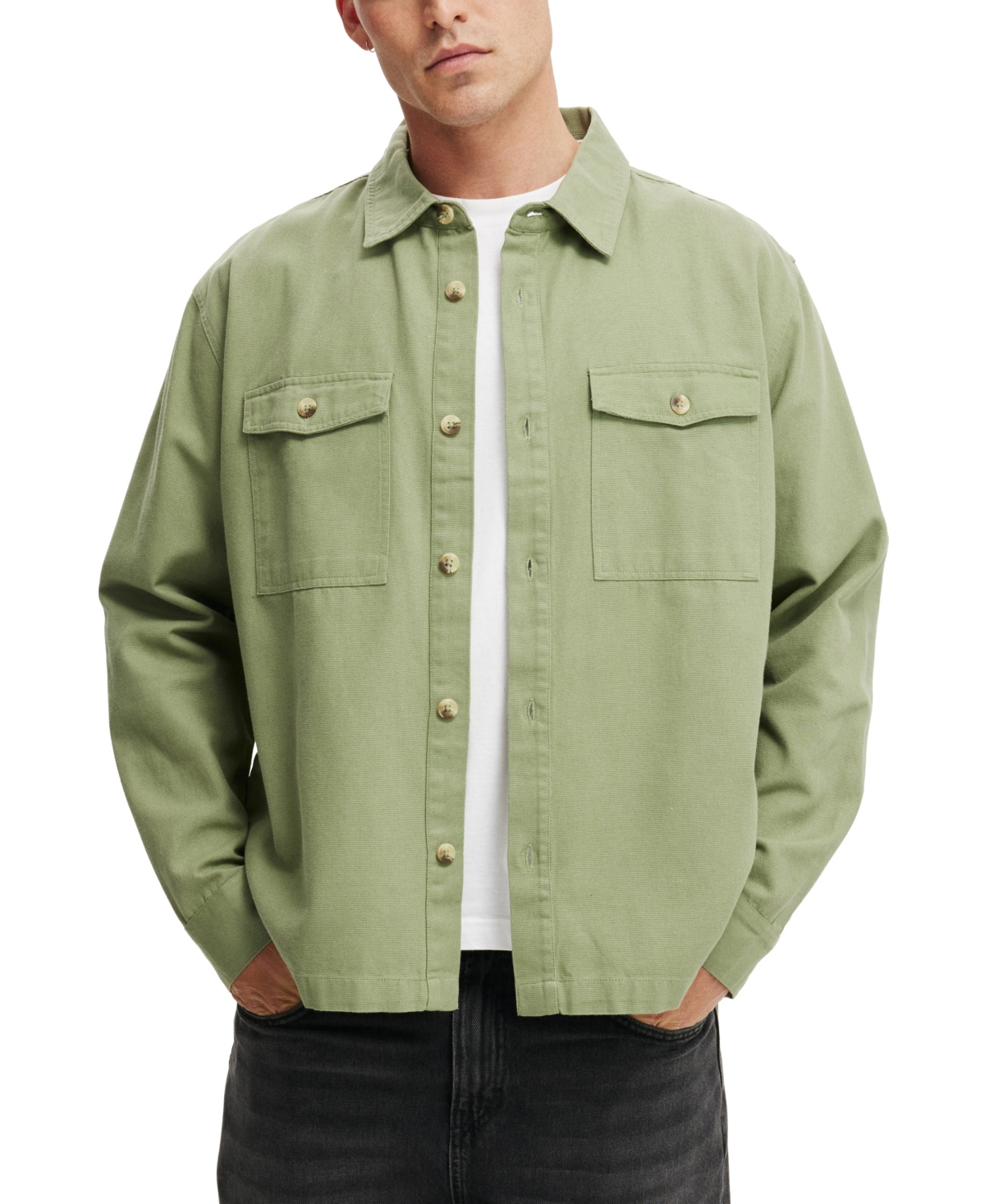 Click here for Cotton On Mens Button-Up Boxy Overshirt - Green prices