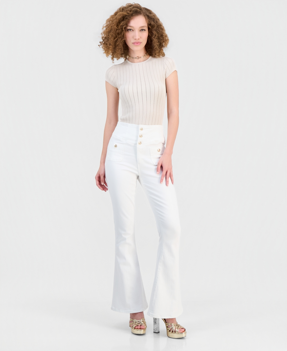 Click here for Guess Womens Kaira High Rise Flare Jeans - Pure Wh... prices