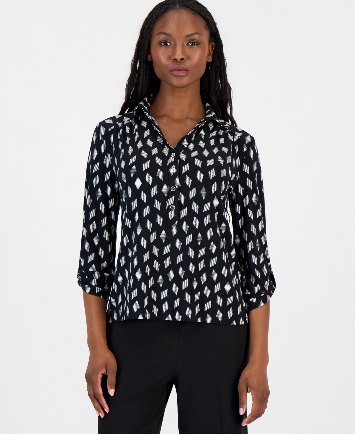 Click here for Anne Klein Essentials Petite Printed Collared 3/4-... prices