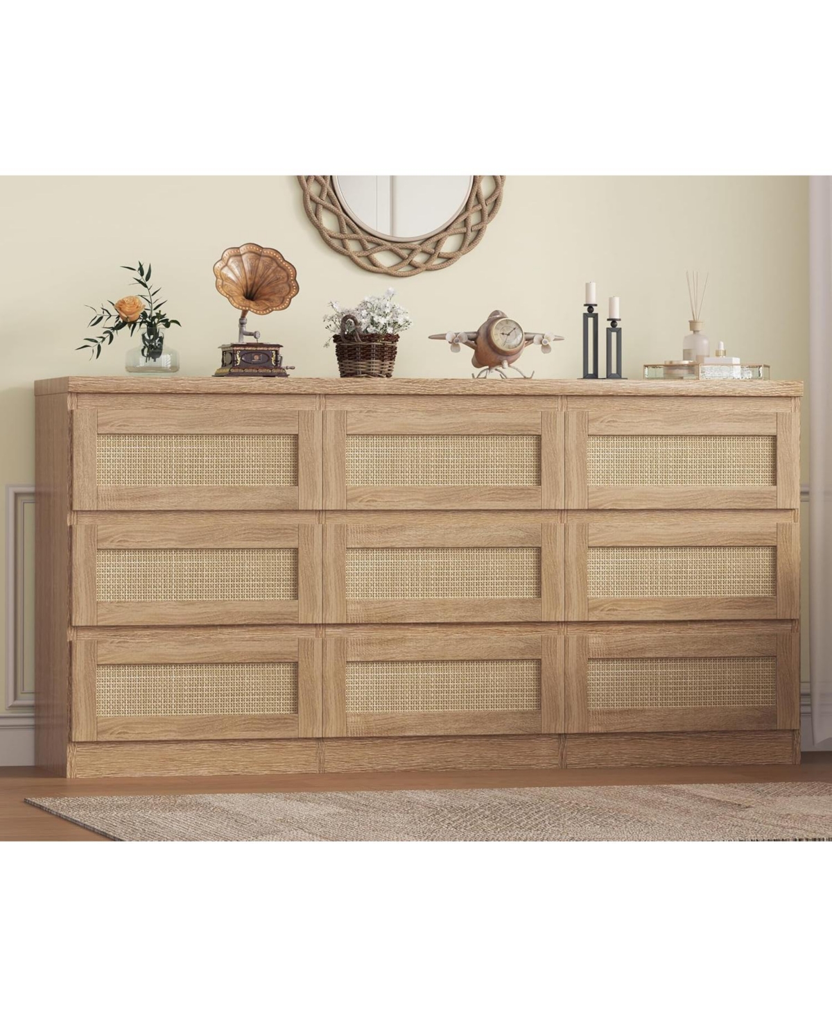 Click here for Gamon 9 Drawer Natural Farmhouse Rattan Dresser wi... prices