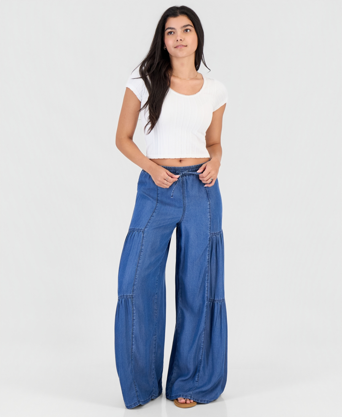 Click here for Madden Girl Juniors Chambray Tiered-Leg Drawstring... prices