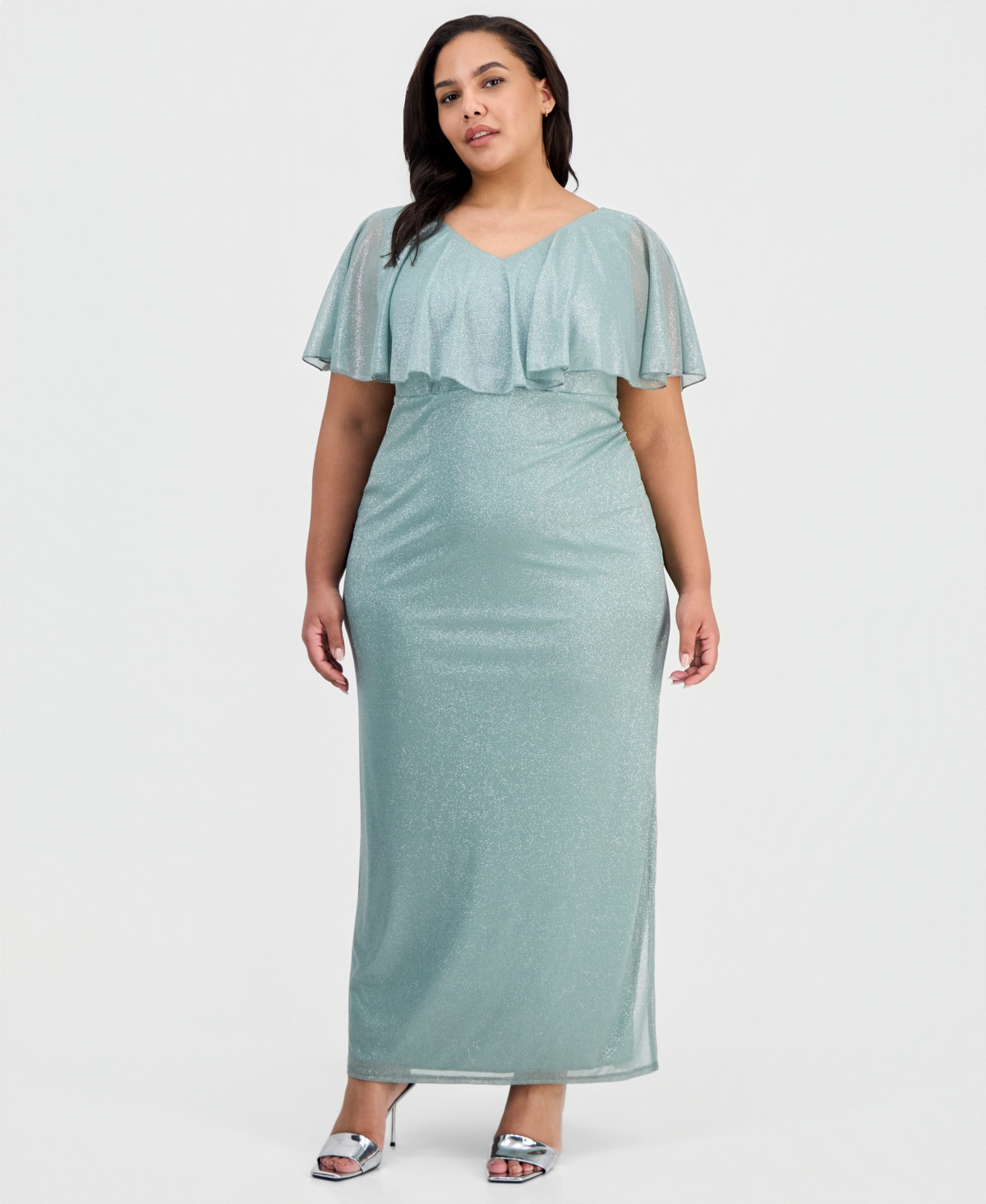 Click here for Connected Plus Size Cape-Overlay V-Neck Glitter Dr... prices