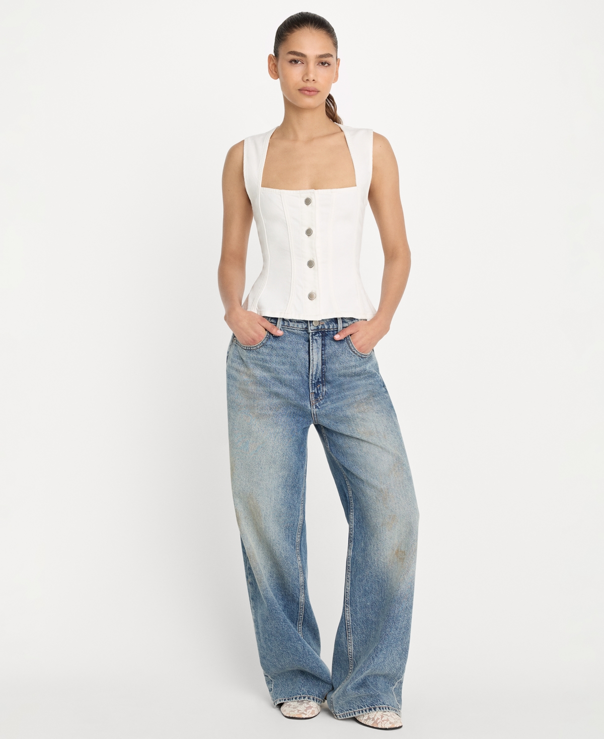 Click here for Good American Womens Button-Front Peplum Top - Whi... prices