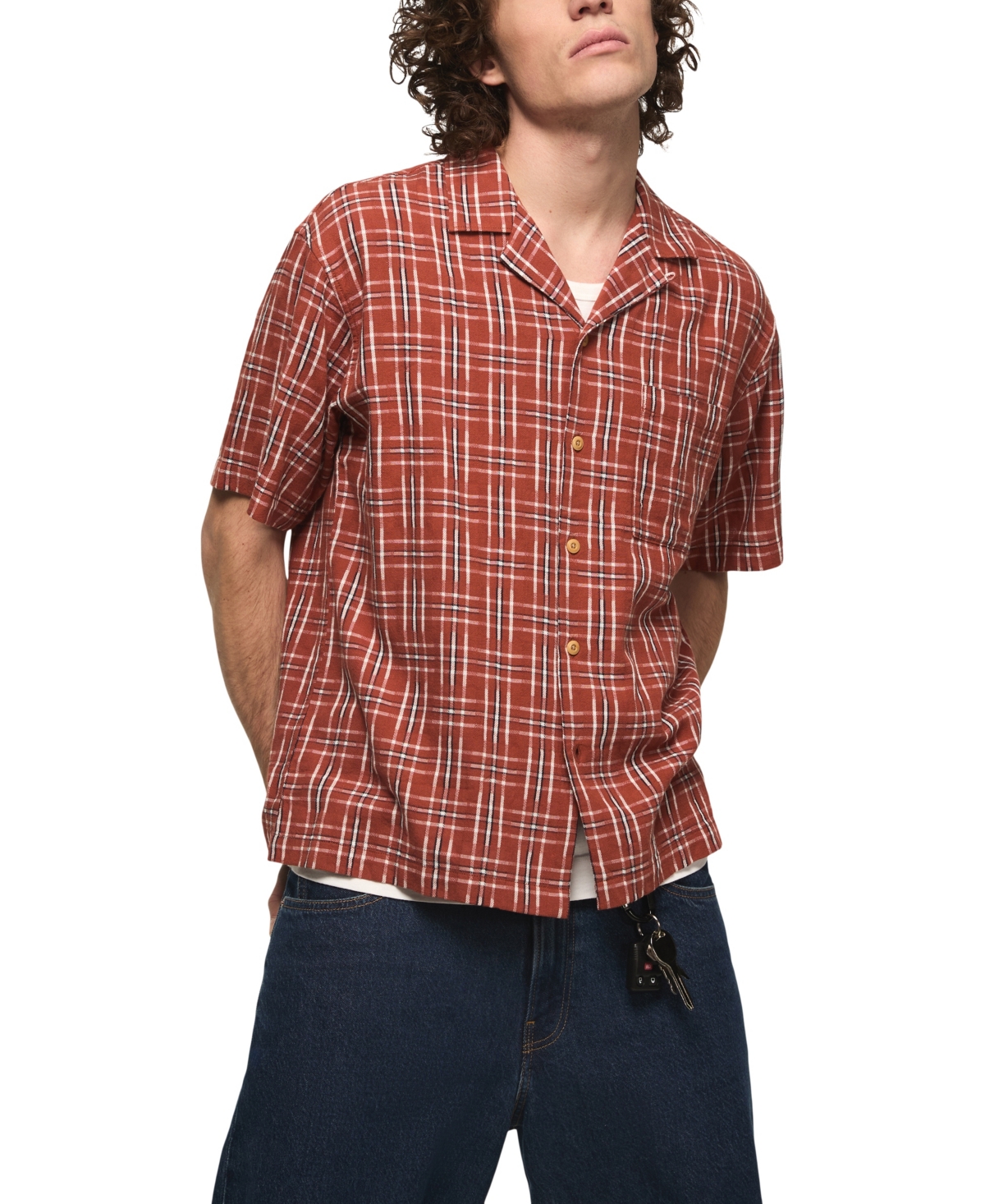 Click here for Lucky Brand Mens Camp Collar Untucked Shirt - Rust... prices