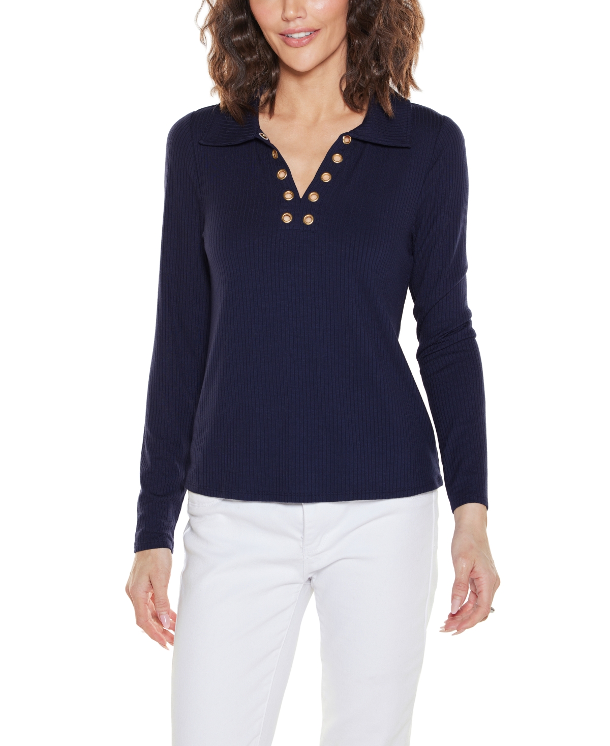 Click here for Belldini Womens Long Sleeve Collared Neck Top - Na... prices