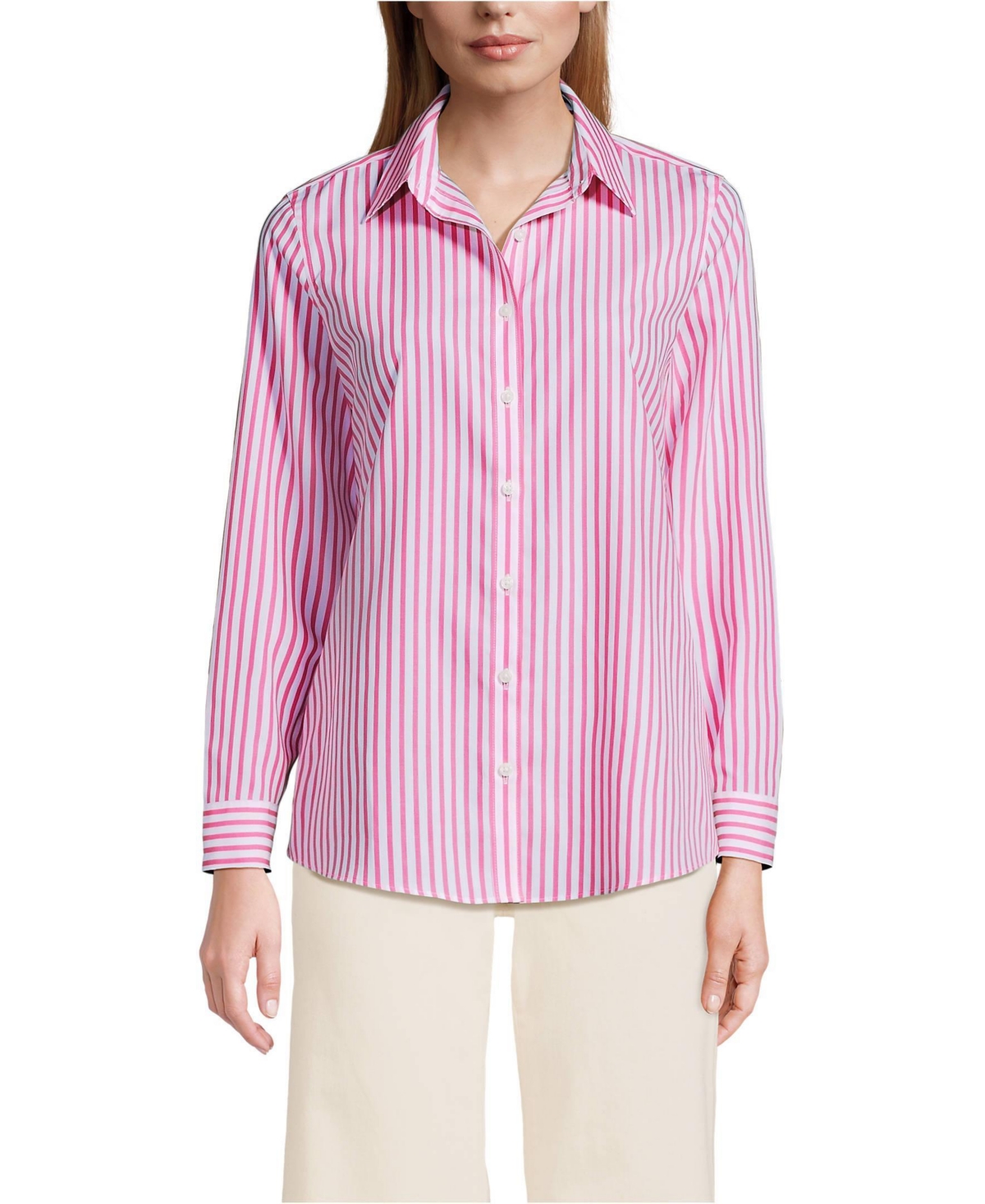 Click here for Lands End Petite No Iron Button Front Shirt - Whit... prices