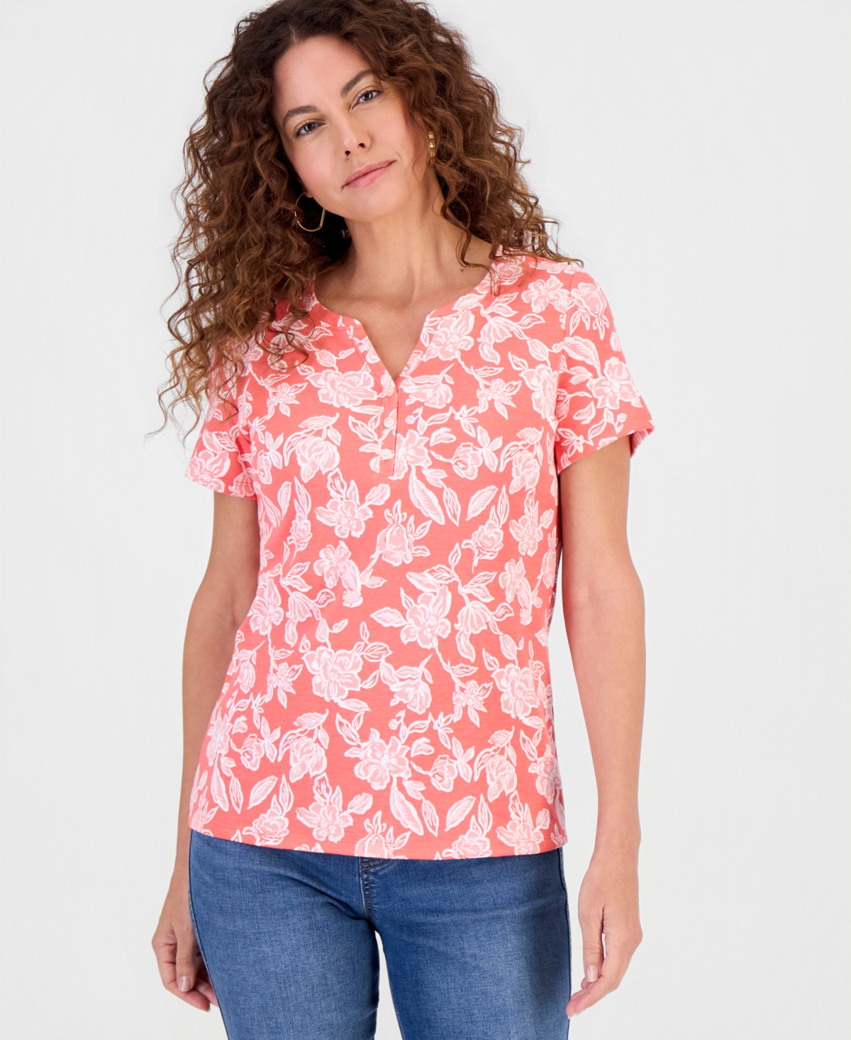 Click here for Style & Co Womens Printed Short-Sleeve Henley Top... prices