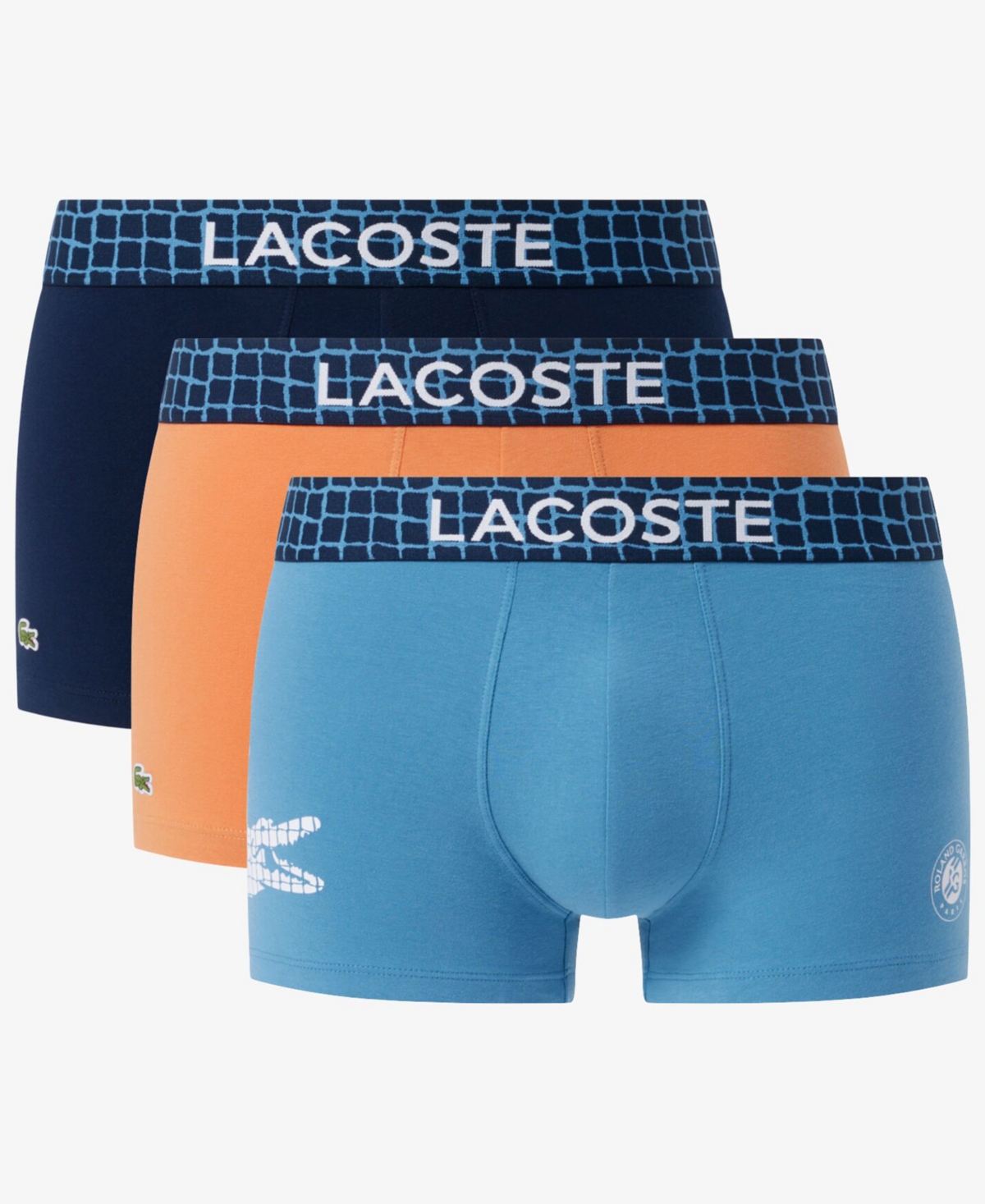 Click here for Lacoste Mens Big Croc Logo Trunks  3-Pack - Navy/O... prices