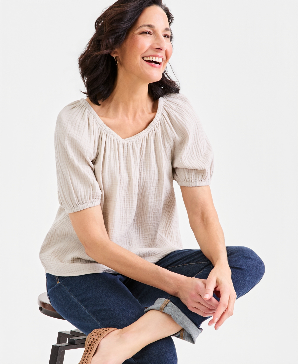 Click here for Style & Co Womens Cotton Gauze Puff-Sleeve Top  Ma... prices