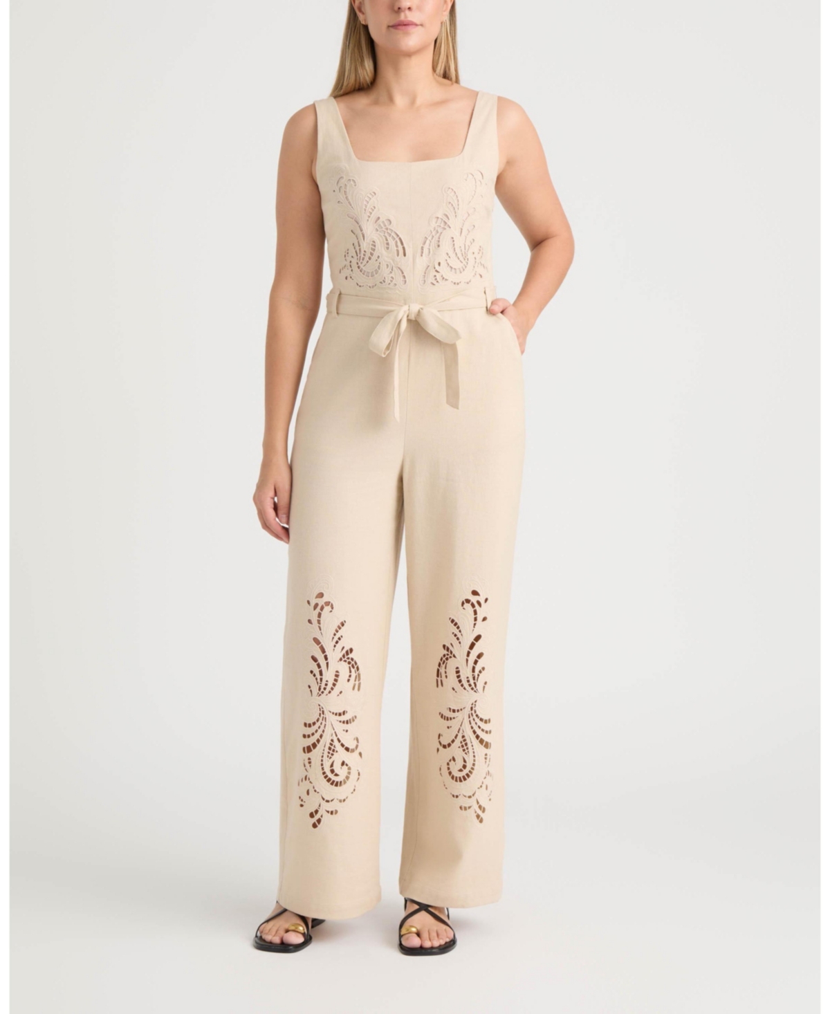 Click here for Ellen Tracy Womens Linen Jumpsuit with Embroidery... prices