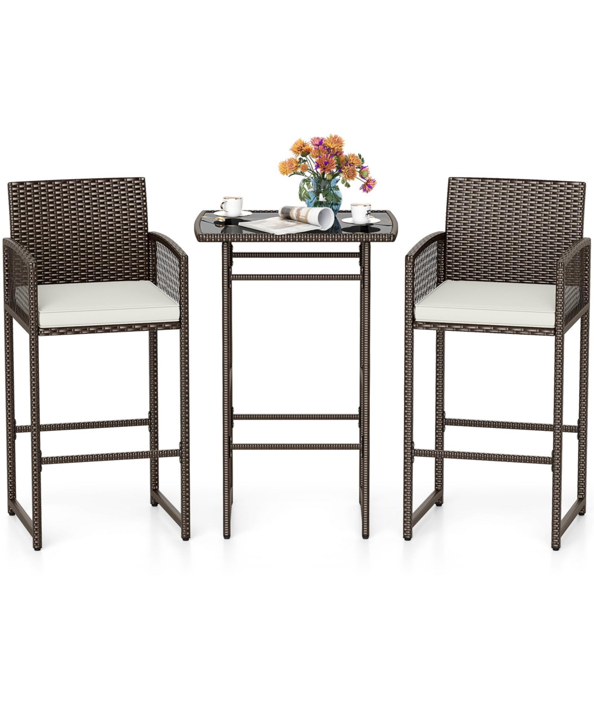 Click here for Gymax Set Of 3 Patio Bar Set Wicker Table & Armcha... prices