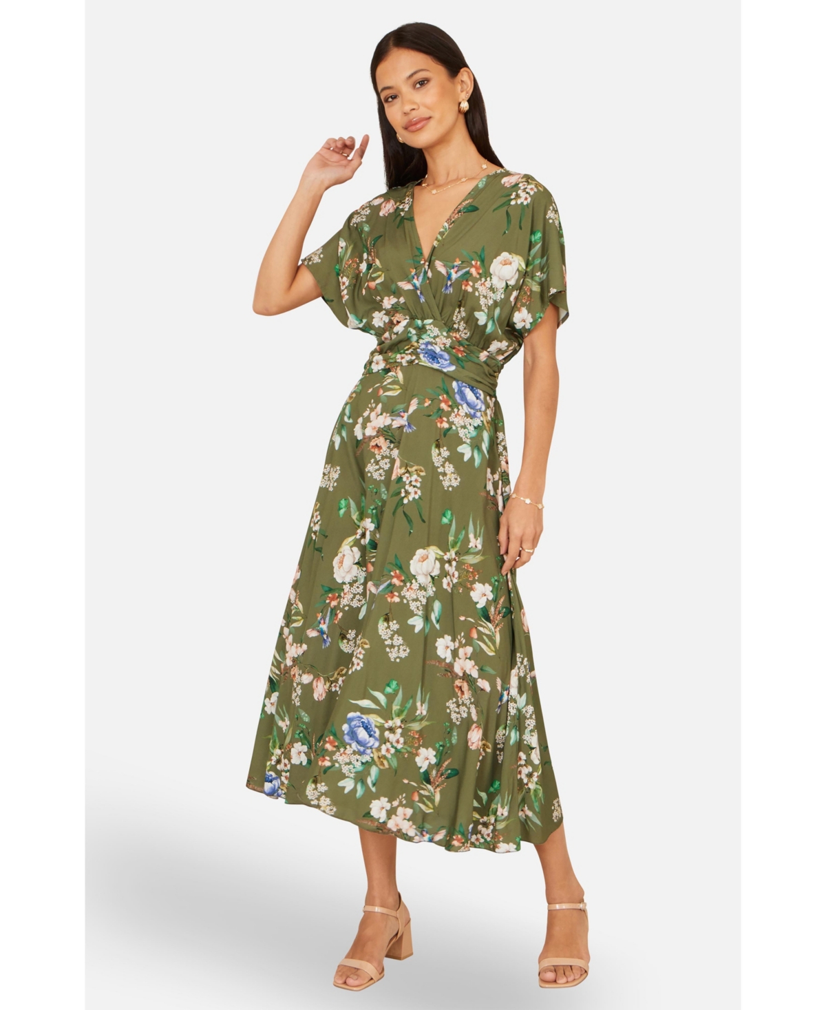 Click here for Yumi Womens Floral Print Midi Dress - Sage green prices