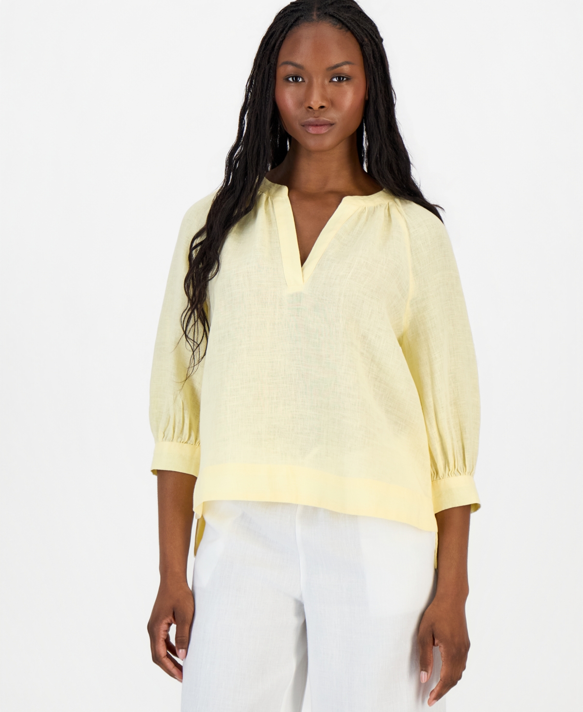 Click here for Charter Club Petite 100 Linen Split-Neck 3/4-Sleev... prices
