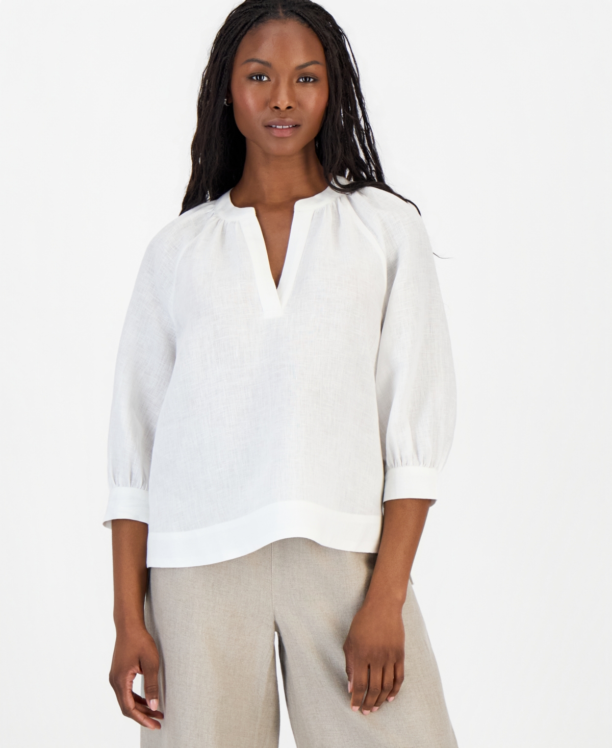 Click here for Charter Club Petite 100 Linen Split-Neck 3/4-Sleev... prices