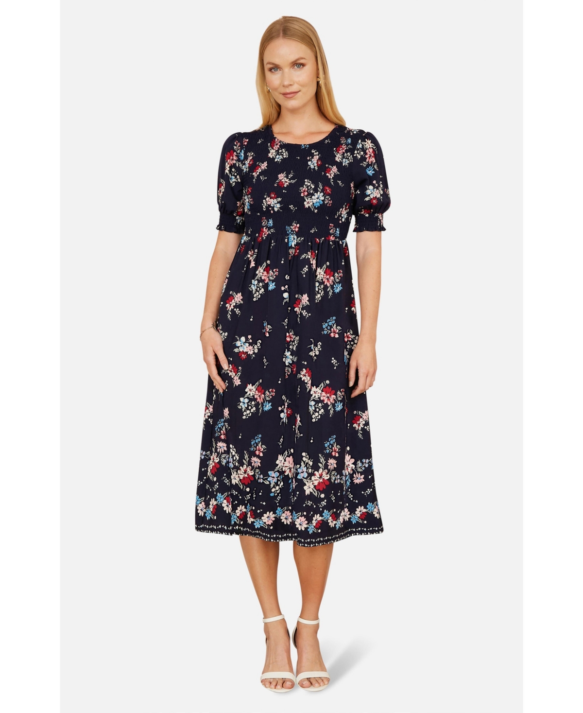 Click here for Yumi Womens Smocked Bodice Floral Ruched Midi Dres... prices