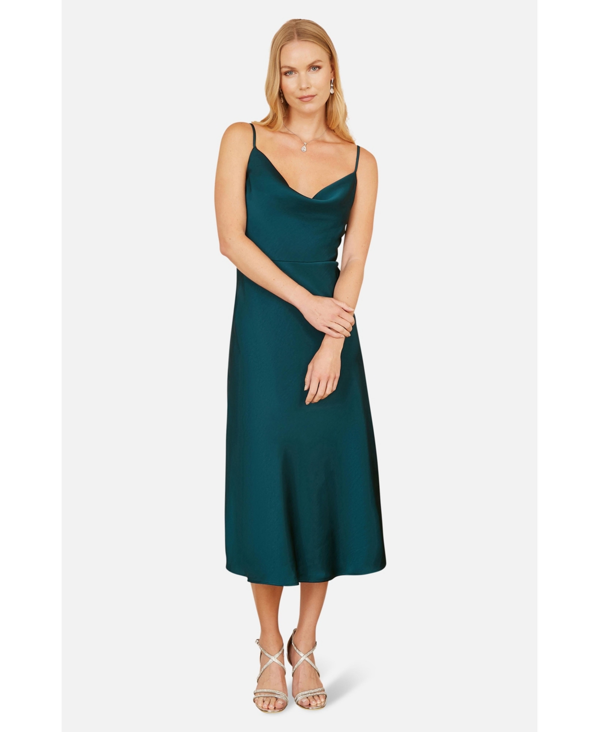 Click here for Yumi Womens Satin Cowl Neck Midi Dress - Green prices