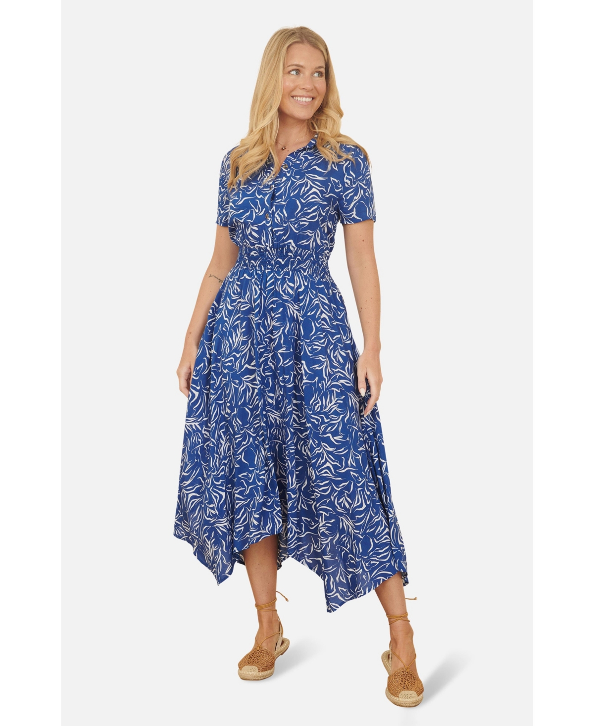 Click here for Yumi Womens Printed Midi Ruched Shirt Dress - Blue prices