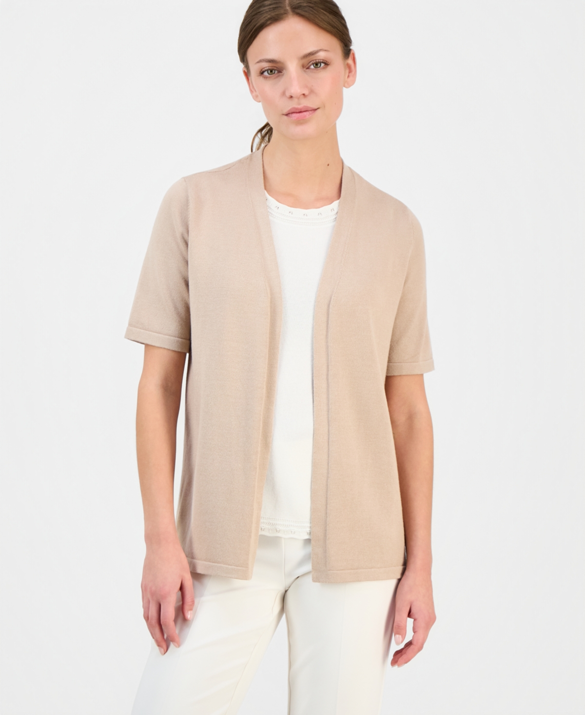 Click here for Anne Klein Essentials Petite Open-Front Elbow-Slee... prices