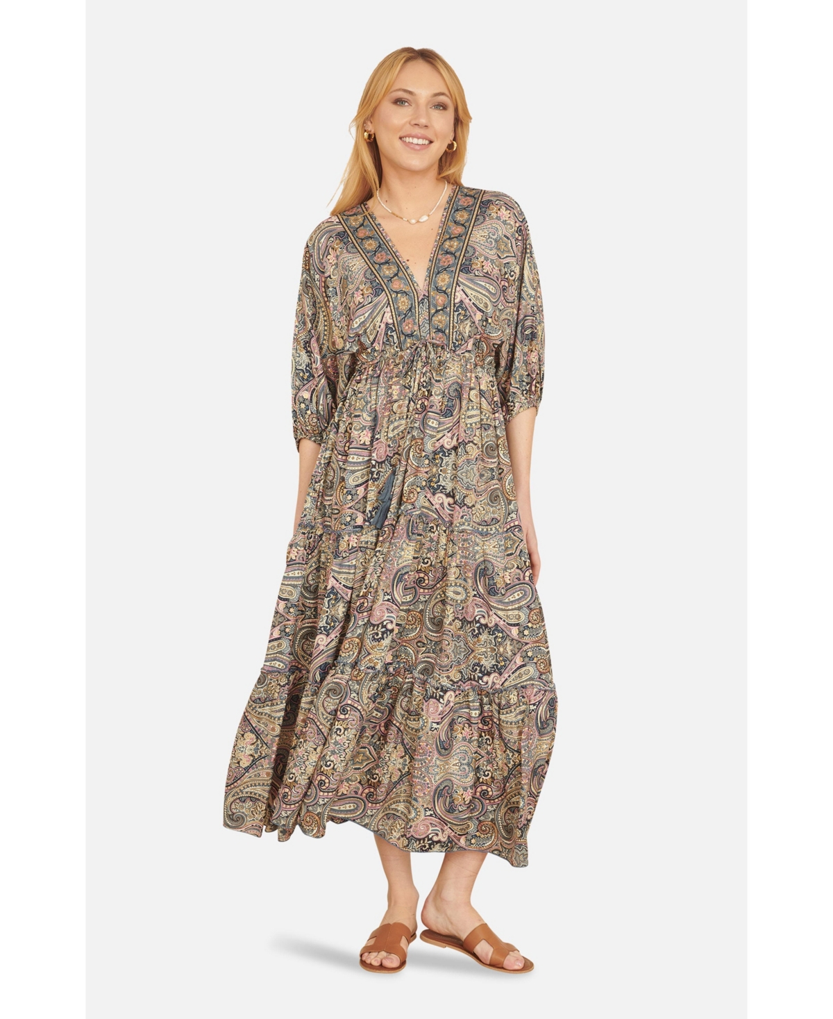 Click here for Yumi Womens Paisley Print Midi Kimono Dress - Beig... prices