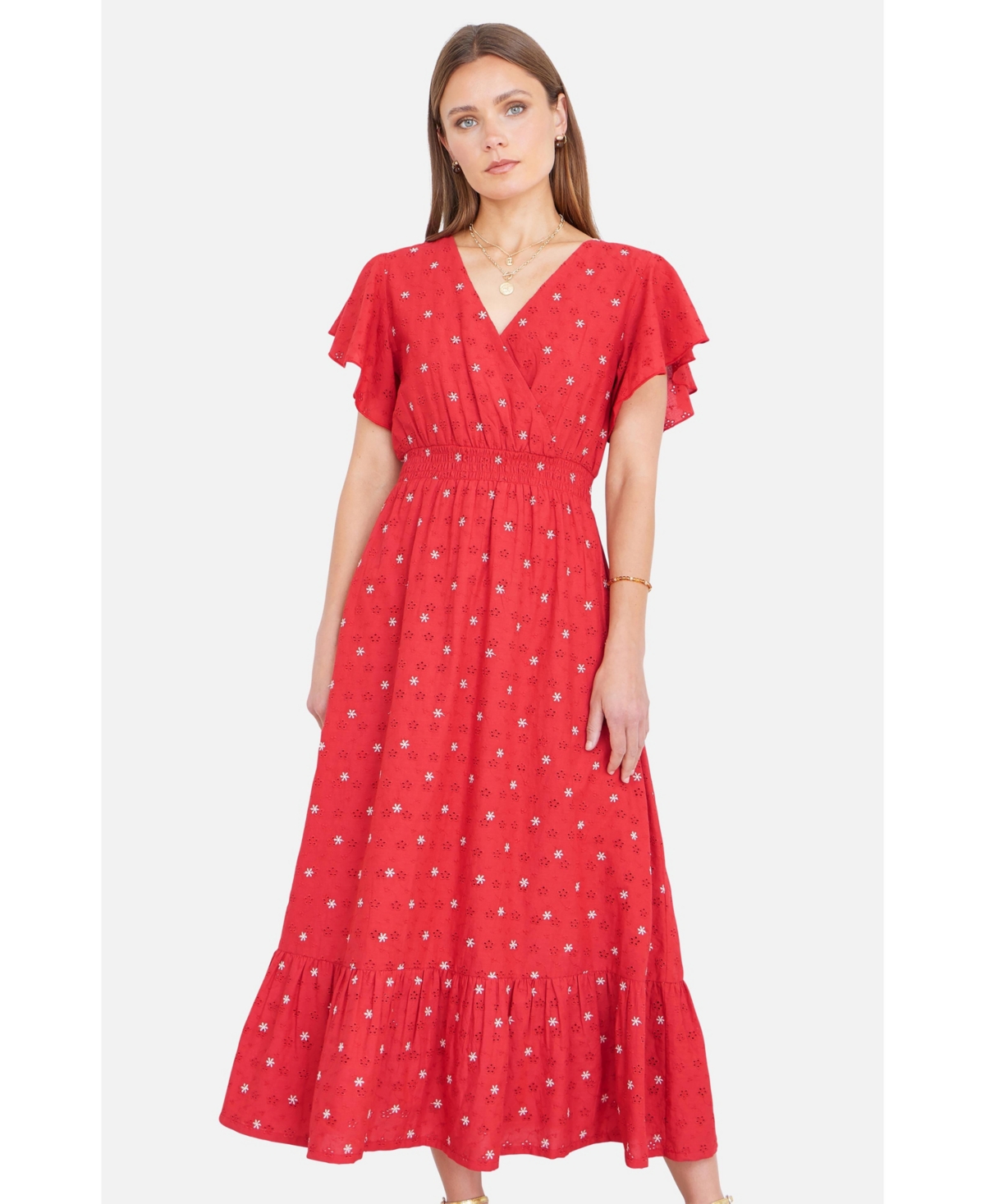 Click here for Yumi Womens Broderie Anglaise Wrap Midi Dress - Re... prices