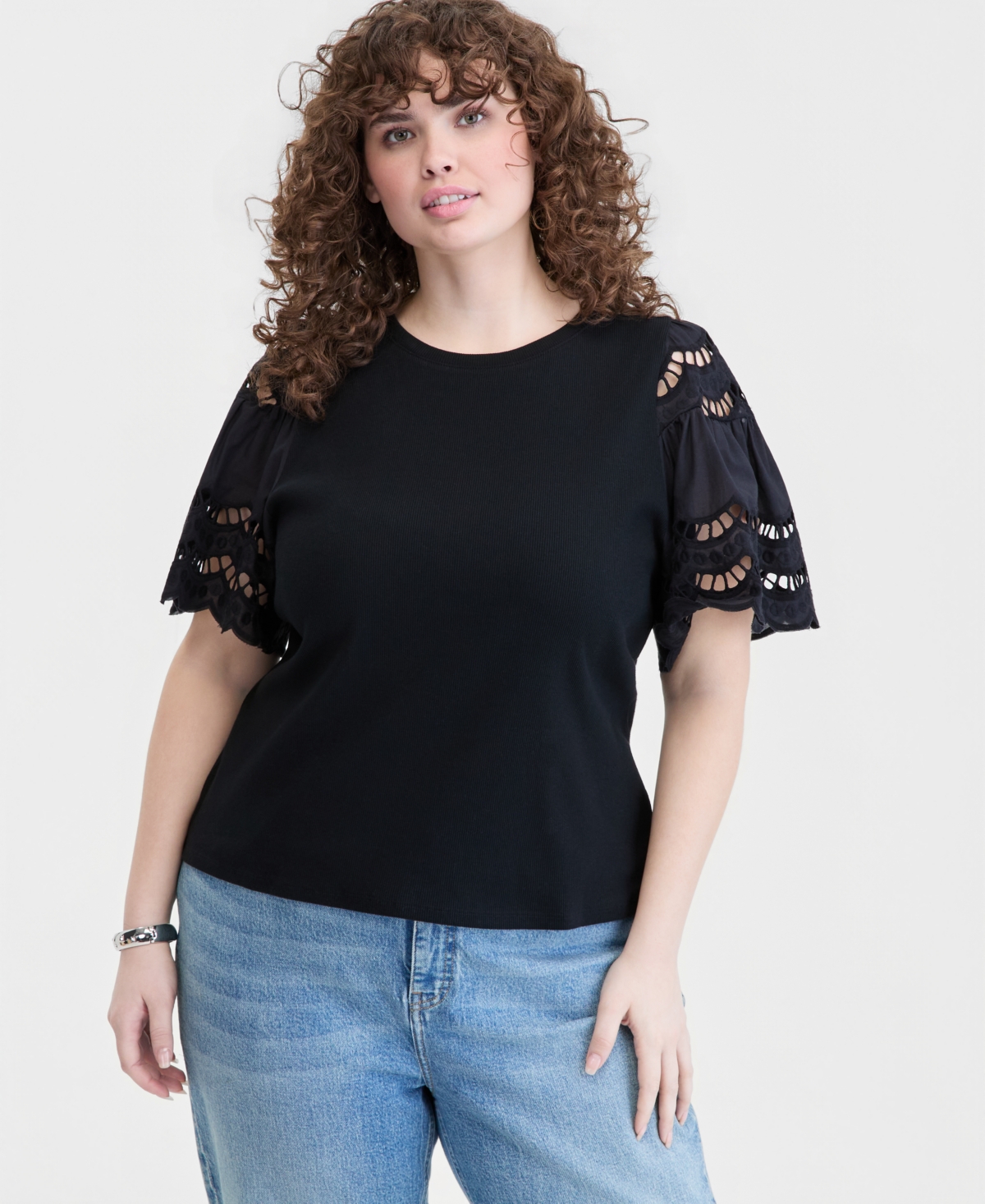 Click here for On 34th Trendy Plus Size Eyelet Puff-Sleeve Rib-Kn... prices
