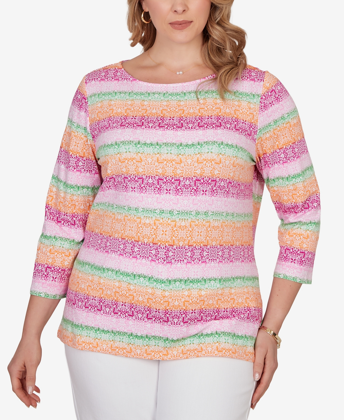 Click here for Ruby Rd. Plus Size Stripe Medallion Boat Neck Knit... prices