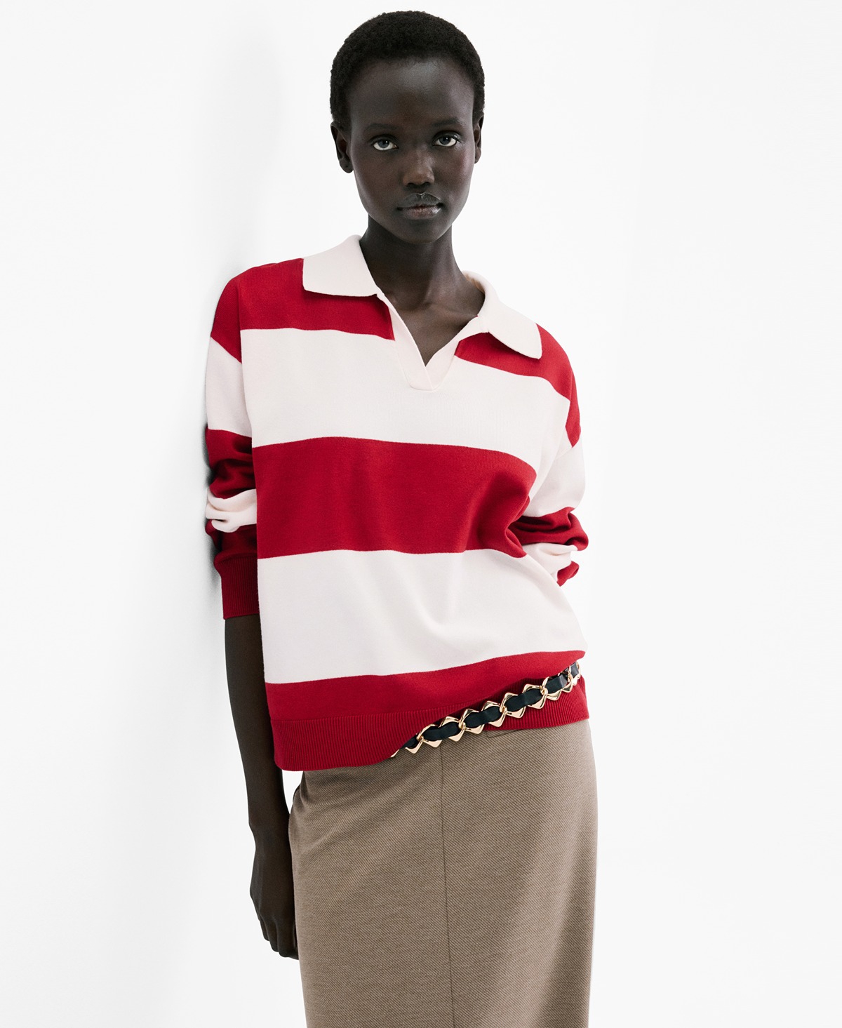 Click here for Mango Womens Striped Polo-Neck Sweater - Red prices