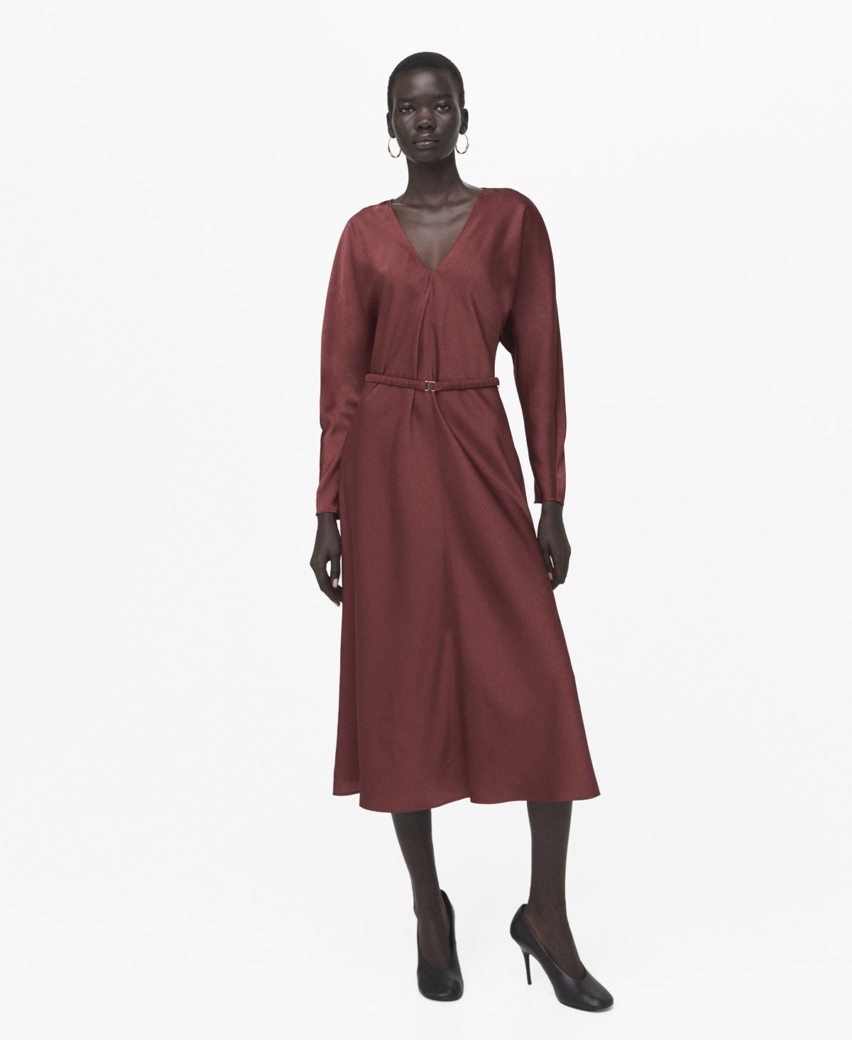 Click here for Mango Womens Belted V-Neck Dress - Maroon prices