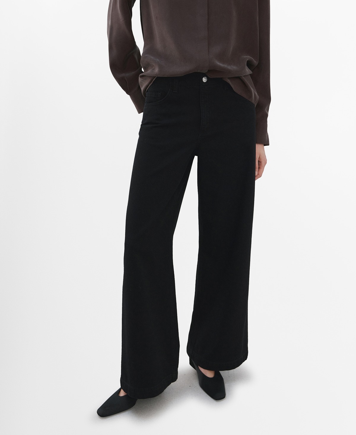 Click here for Mango Womens Wide Leg Mid-Rise Jeans - Black Denim prices