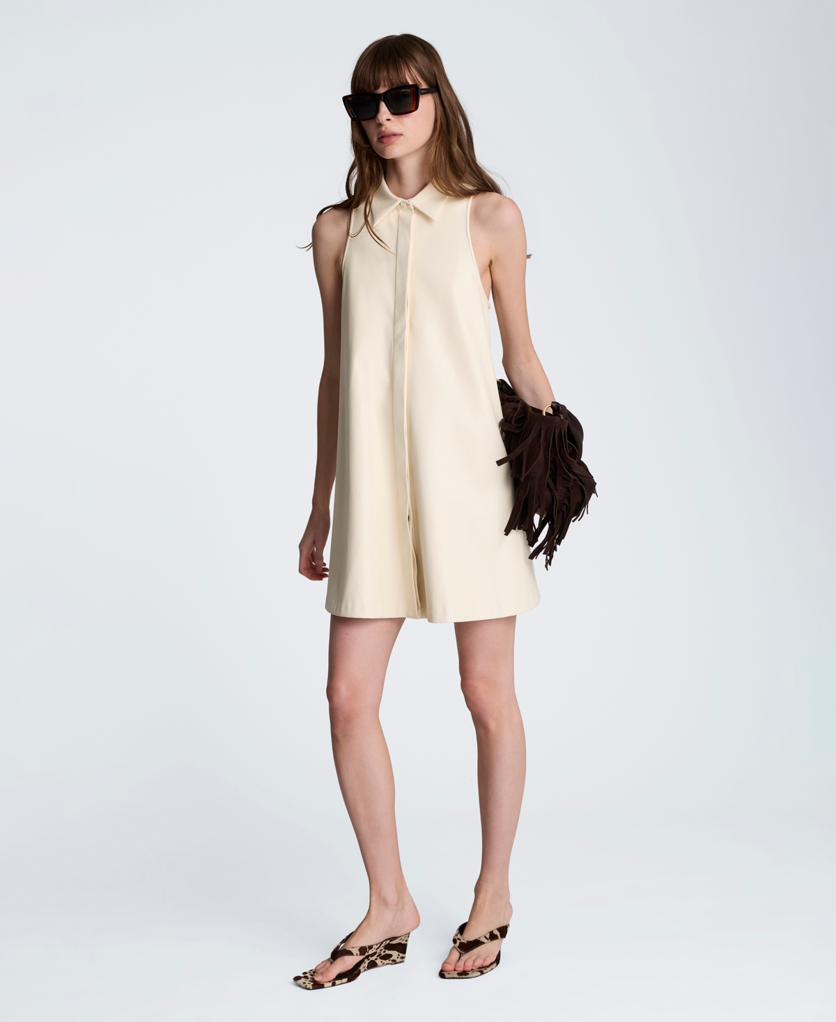 Kenneth Cole Womens Halter Collared Shirt Swing Dress - Natural White