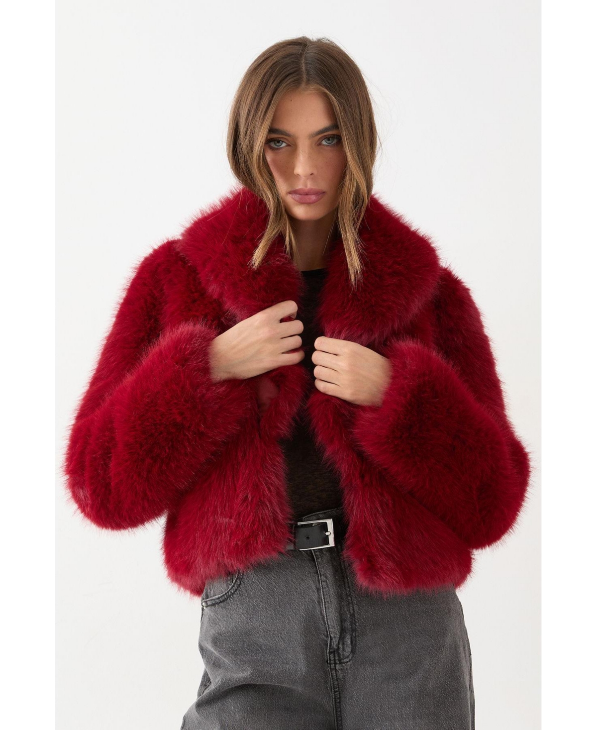 Click here for MissPap Womens Faux Fur Cropped Collar Coat - Red prices