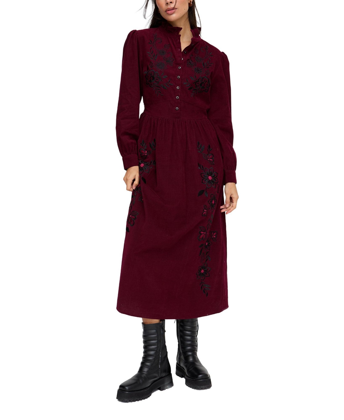 Click here for Raffya Womens Puglia Corduroy Midi Dress - Burgund... prices