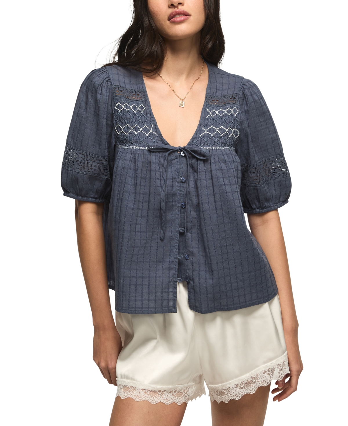 Click here for Lucky Brand Womens Smocked Yoke Button-Down Top -... prices