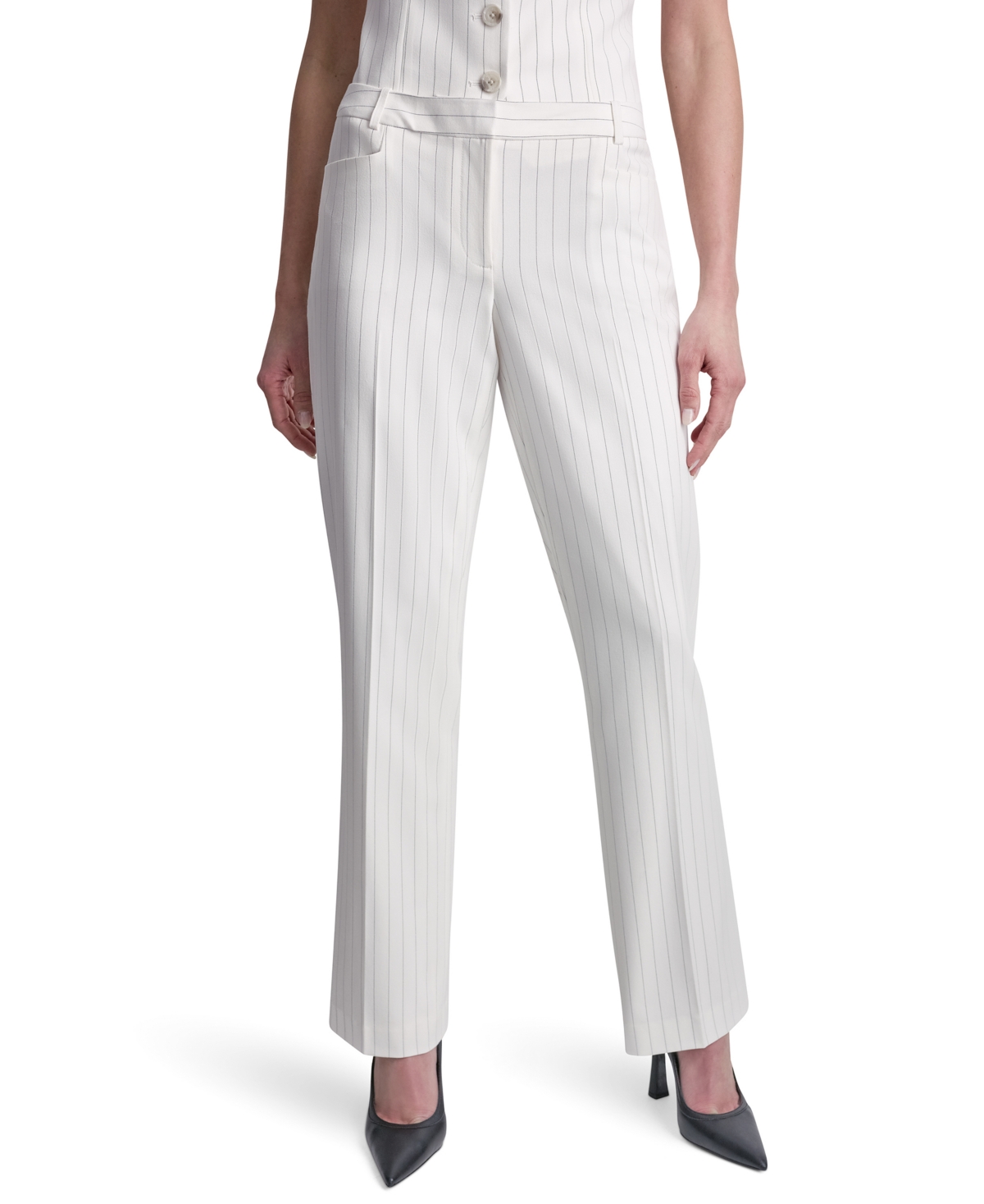 Click here for Dkny Petite Pinstripe Modern Fit Flared Pants - Iv... prices