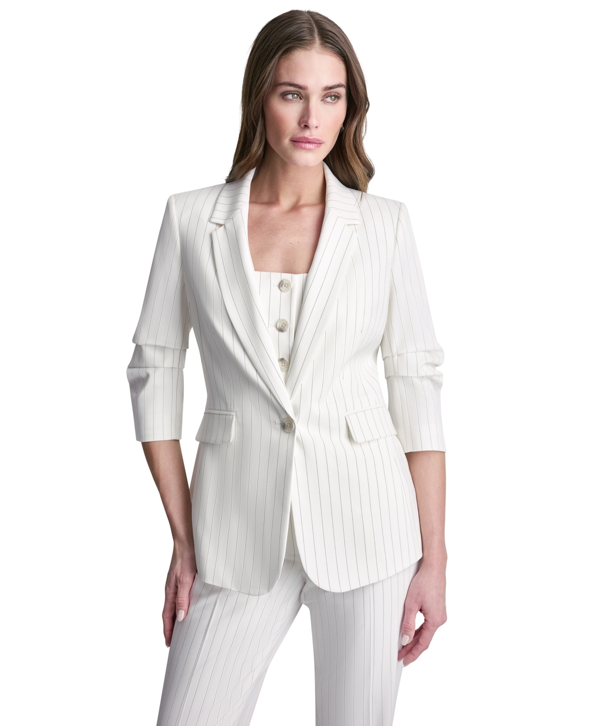 Click here for Dkny Petite Pinstripe Notch Collar Jacket - Ivory/... prices