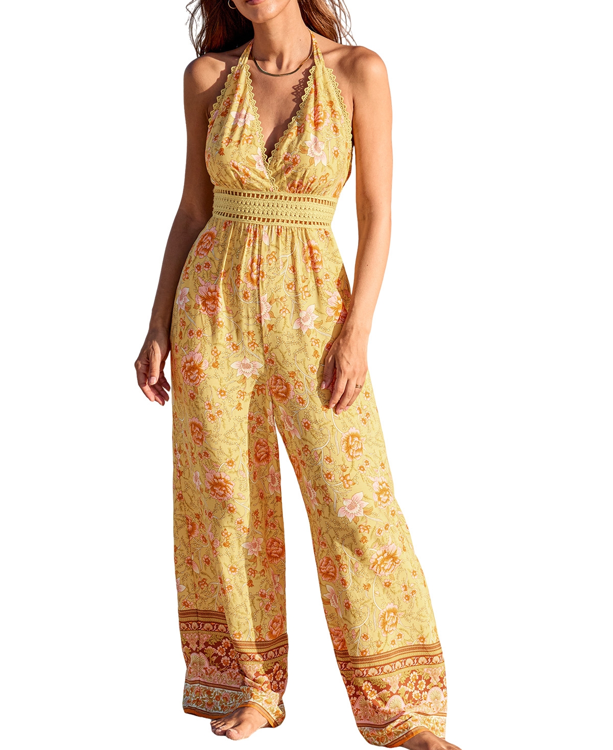 Click here for Cupshe Womens Halter Neck Floral Jumpsuit - Orange prices