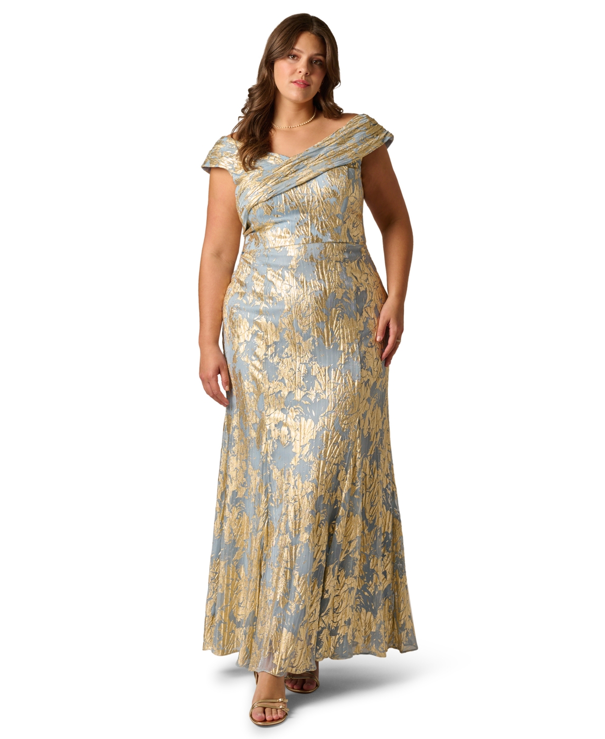 Click here for Adrianna Papell Plus Size Foil Leaf Off-The-Should... prices