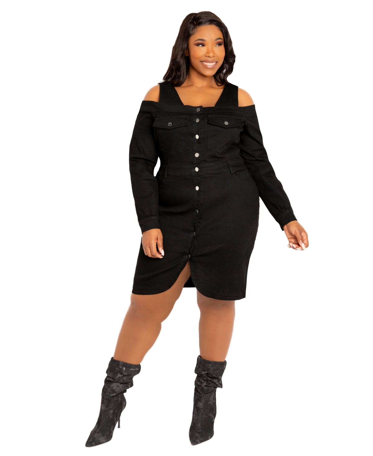 Click here for Buxom Couture Plus Size Off Shoulder Denim Mini Dr... prices