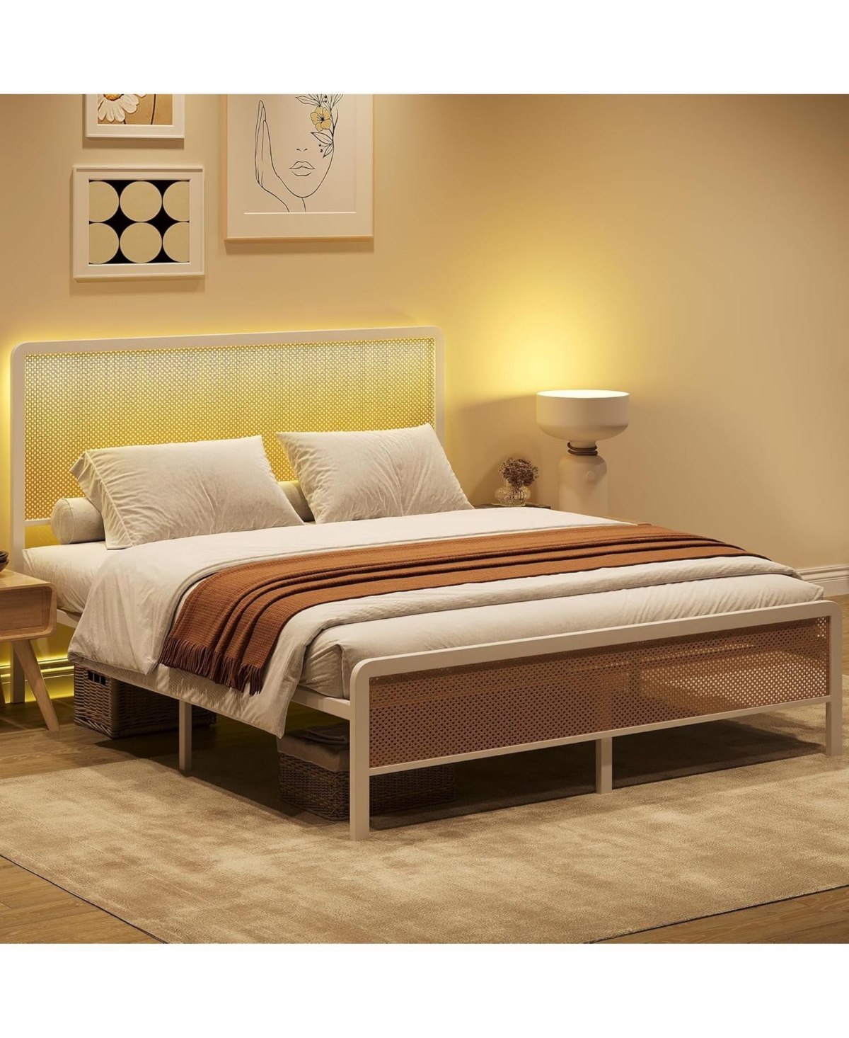 Click here for gaomon Queen Size Bed Frame with Led Rattan Headbo... prices