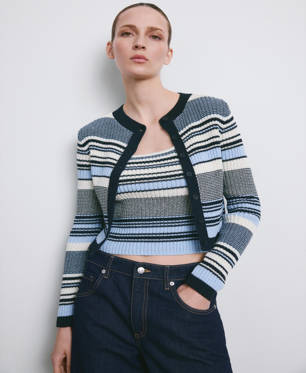 Click here for Mango Womens Stripped Knit Cardigan - Blue prices