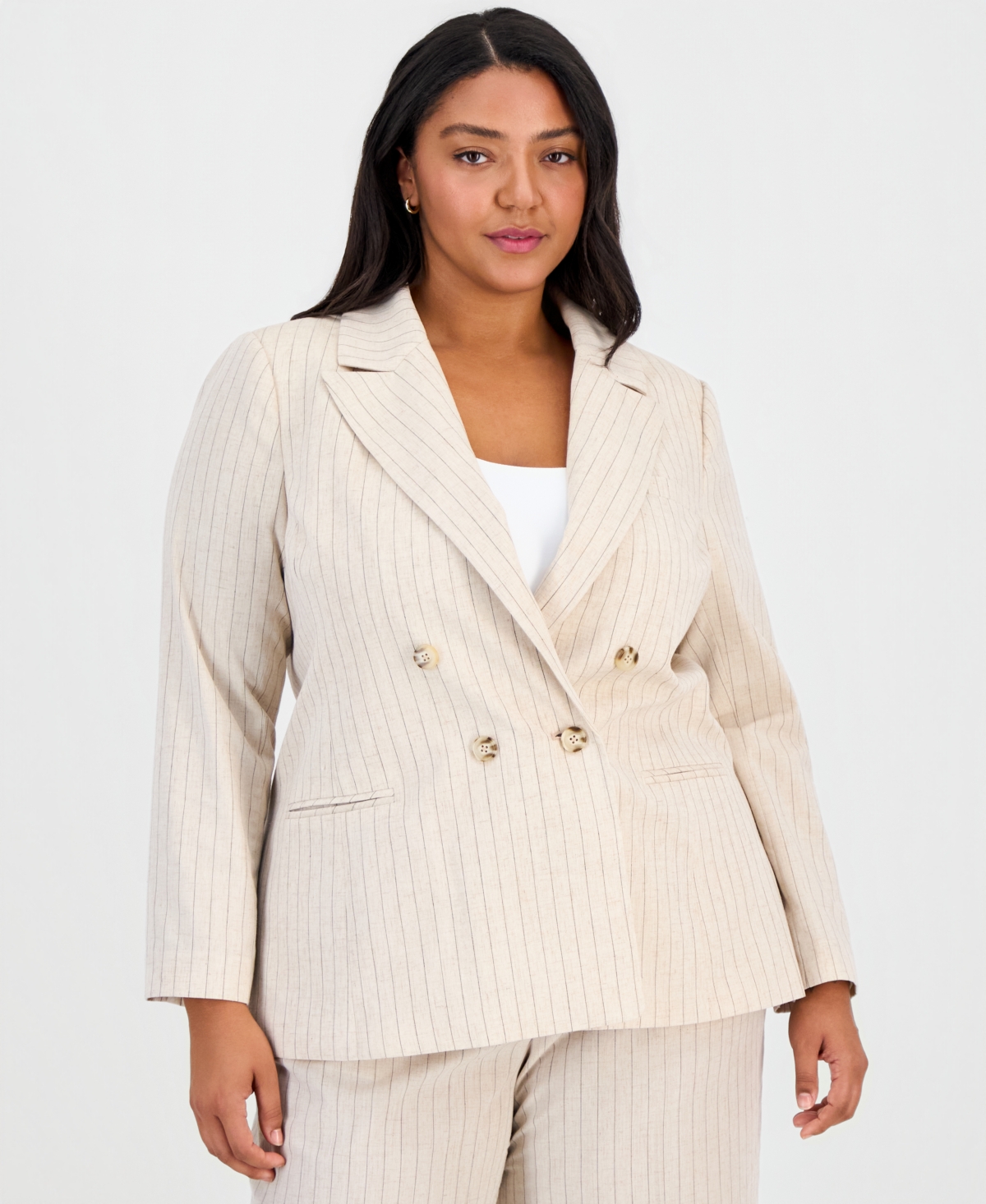 Click here for Tahari Asl Plus Size Pinstripe Double-Breasted Bla... prices