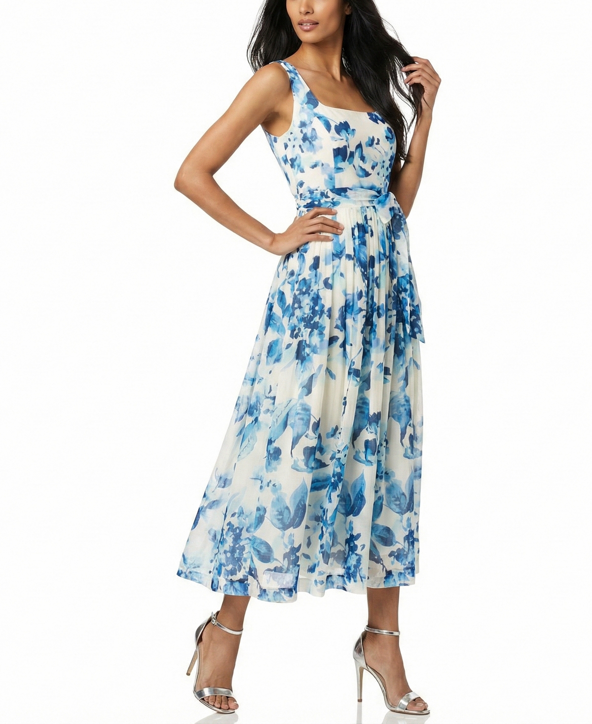 Click here for Taylor Petite Square Neck Tiered Midi Dress - Blue... prices
