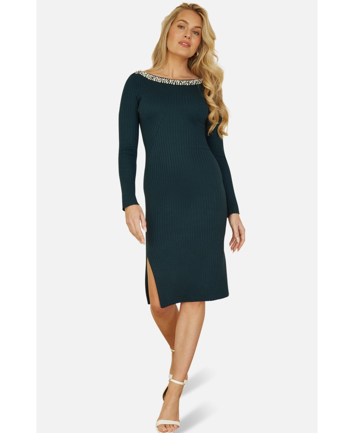 Click here for Yumi Womens Bedazzled Neck Fitted Midi Knitted Dre... prices