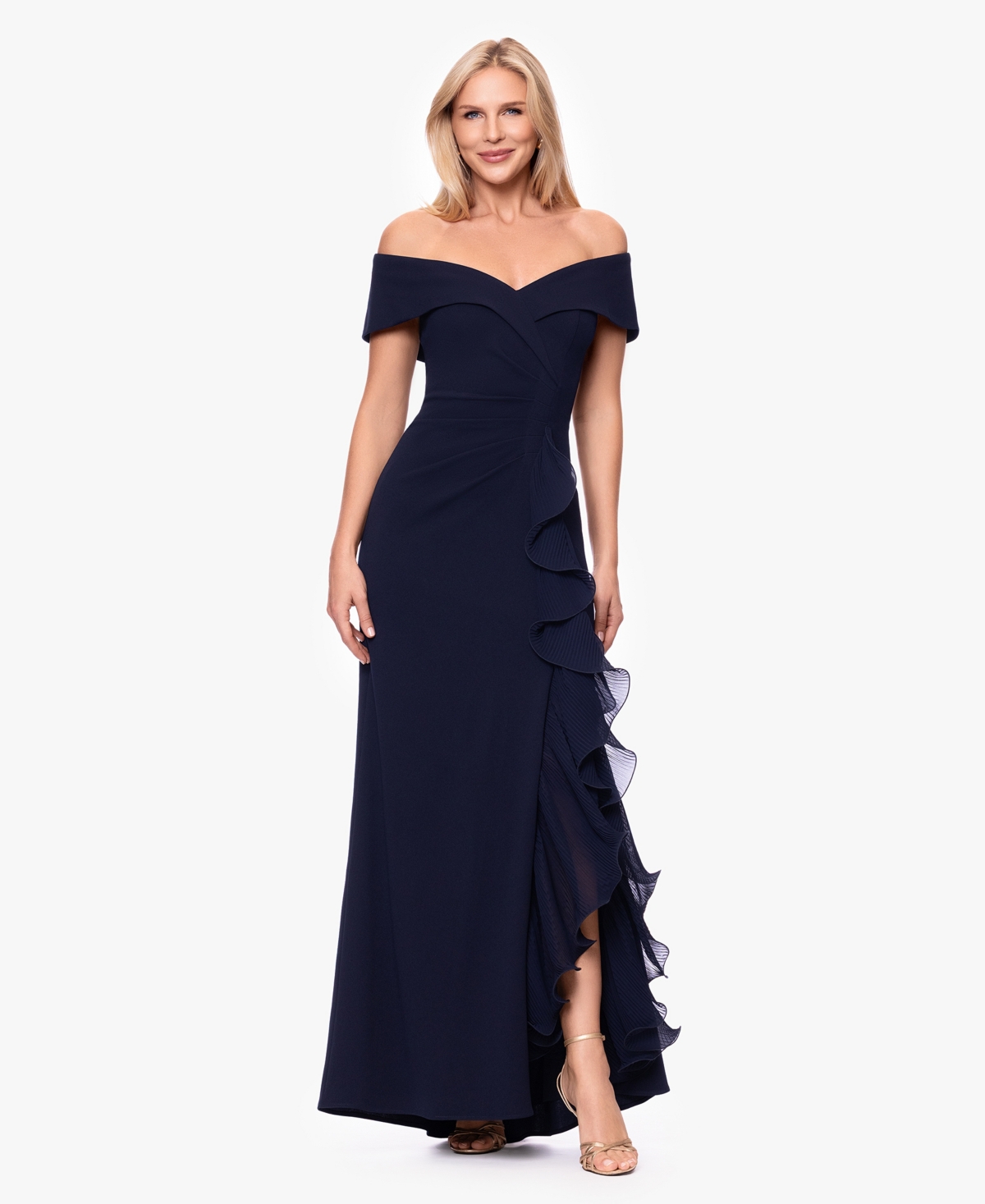 Click here for Xscape Womens Off-The-Shoulder Ruffled Gown - Navy prices