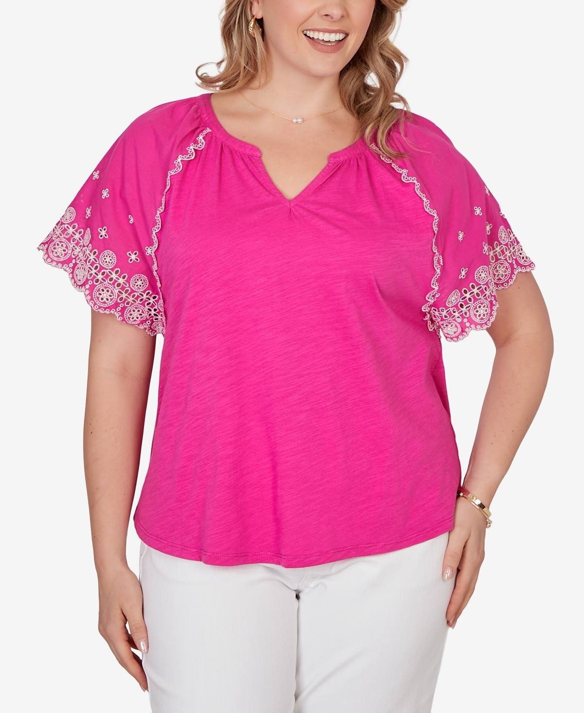 Click here for Ruby Rd. Plus Size Embroidered Sleeve Slub Knit To... prices