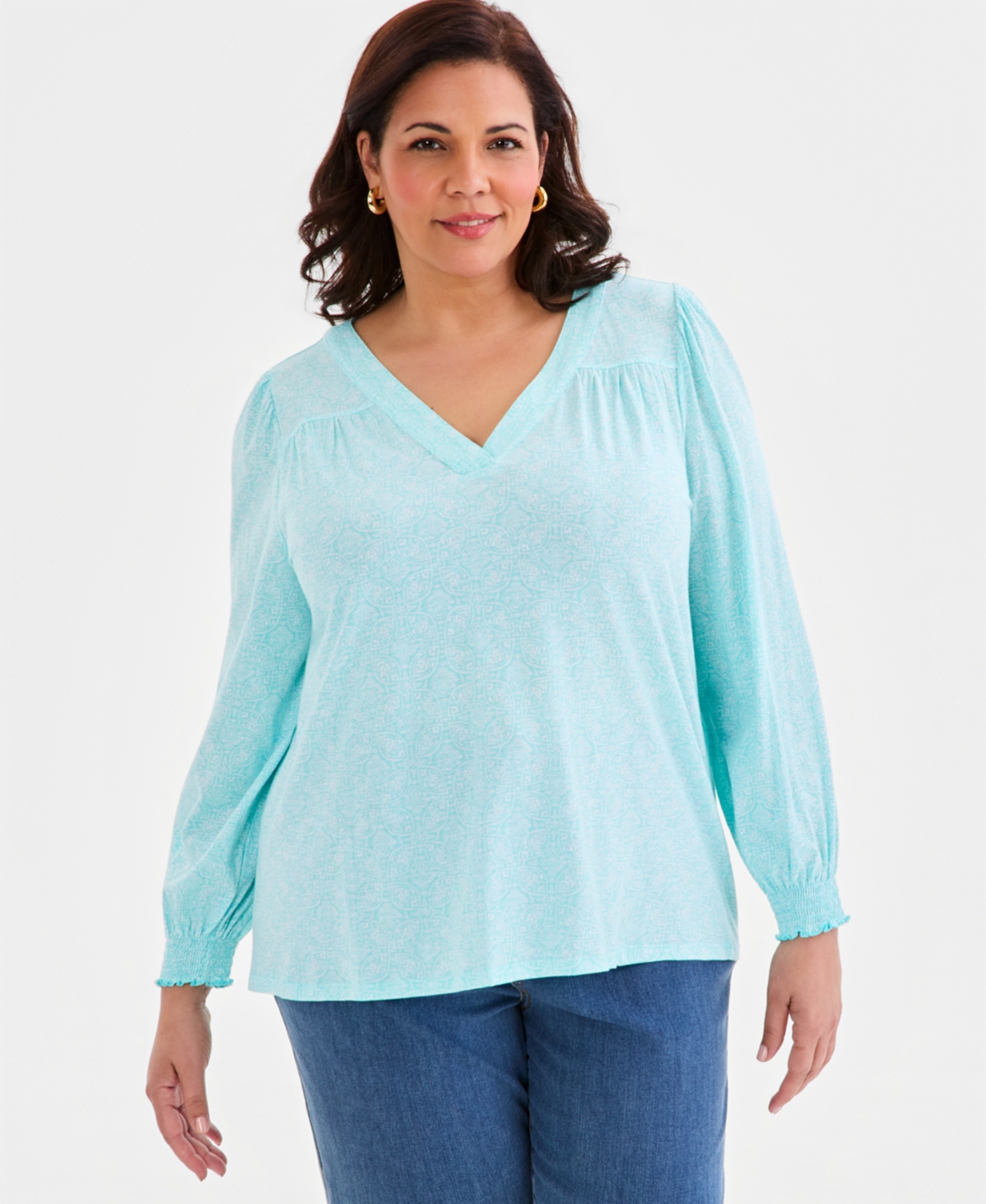 Click here for Style & Co Plus Size Smocked-Cuff V-Neck Top  Macy... prices