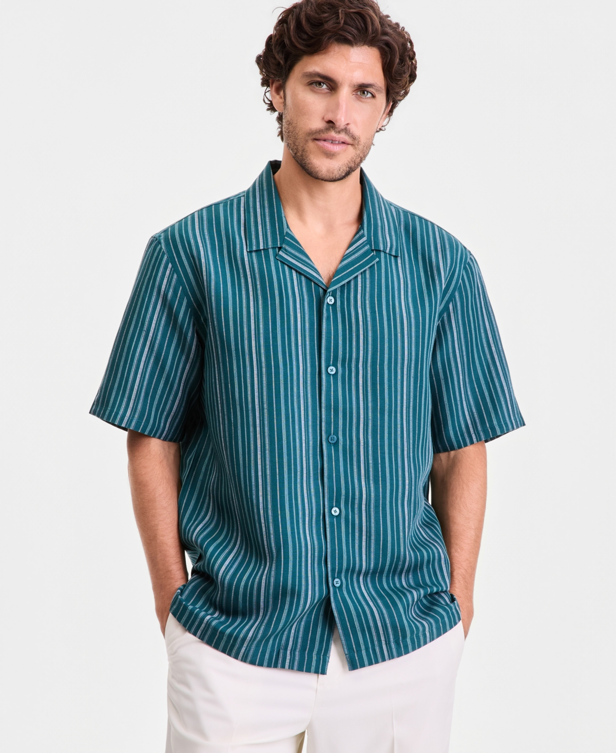 Click here for Alfani Mens Short-Sleeve Linen-Blend Stripe Shirt... prices