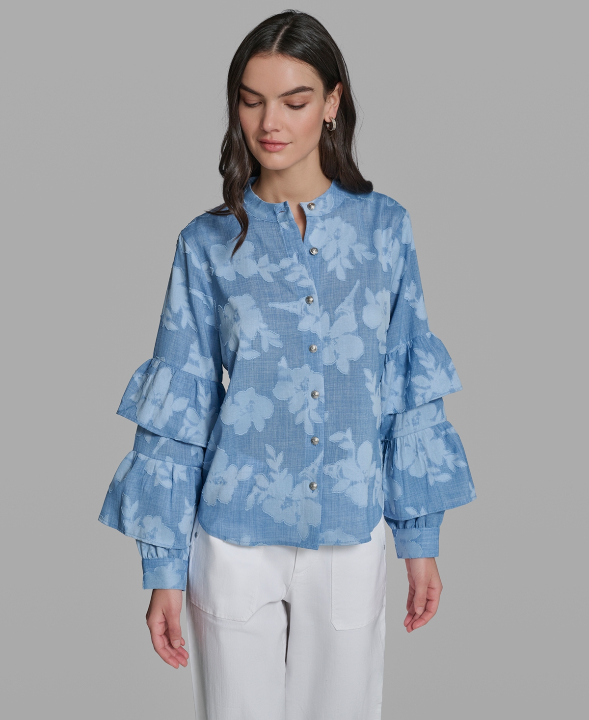 Click here for Karl Lagerfeld Paris Petite Printed Mock Neck Blou... prices