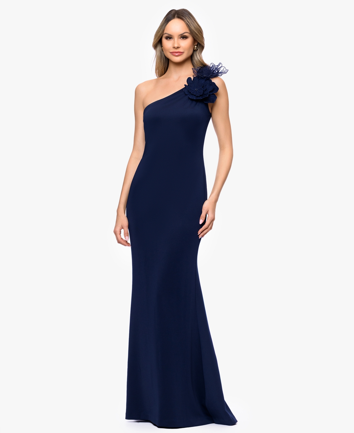 Click here for Betsy & Adam Womens One-Shoulder Ball Gown - Navy prices